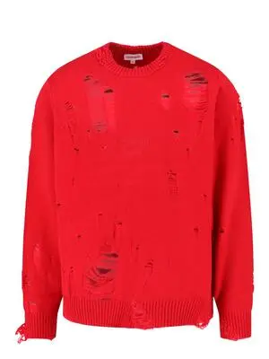 CHARLES JEFFREY Distressed Lambswool Blend Crewneck Sweater - Red