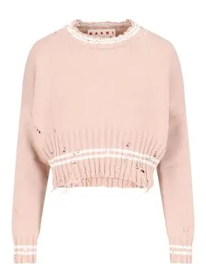 Marni Ribbed Distressed Cotton Sweater With Contrast Trim - Pink