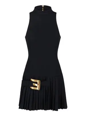 Balmain Virgin Wool Dress With Pleated Skirt And Buckle Detail - Black