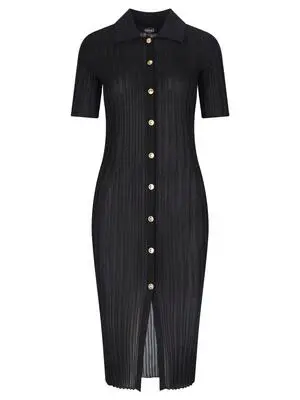 Versace Button-up Ribbed Midi Dress With Sculpted Trim - Black