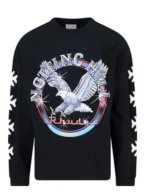 Rhude Long-sleeved Graphic T-shirt With Ribbed Neck And Cuffs - Black