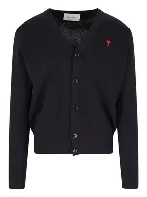 AMI Paris Embroidered 100% Wool Cardigan With Horn Buttons - Black
