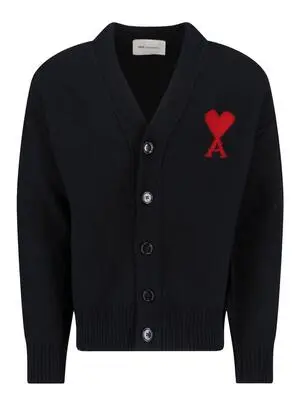AMI Paris 100% Wool Buttoned Cardigan With Horn Buttons - Black
