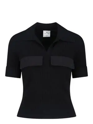 COURREGES Ribbed Knit Polo T-shirt With Pocket Detail - Black