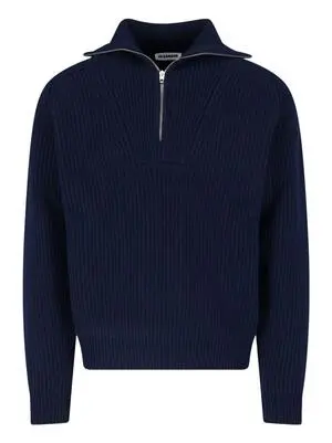 JIL SANDER Ribbed Wool Quarter Zip Sweater - Blue