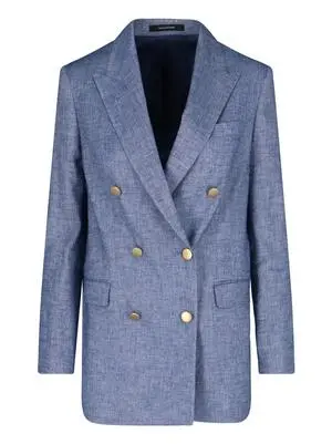 Tagliatore Double-breasted Linen-blend Stretch Jacket With Notch Lapel - Blue