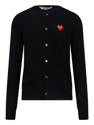 Play Comme Des Garcon 100% Wool Logo Crewneck Cardigan - Black