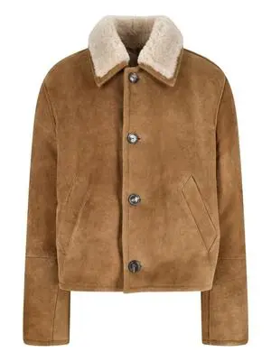 AMI Paris 100% Sheep Leather Jacket With Shearling Collar - Brown