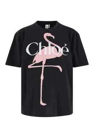Chloé 100% Cotton Essential T-shirt With Flamingo Graphic - Black