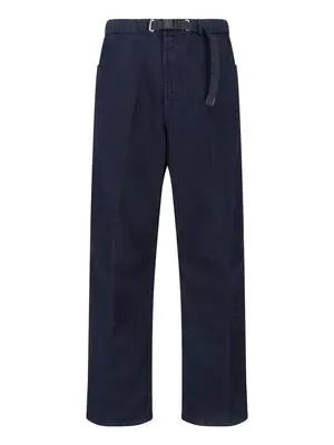WHITE SAND 100% Cotton Tapered Trousers With Belted Waist - Blue