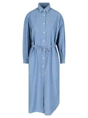 FINAMORE 1925 Long Sleeve Shirt Dress With Tie Waist - Blue