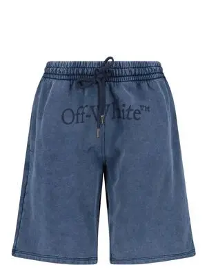 Off-White Cotton Blend Drawstring Waist Shorts - Blue