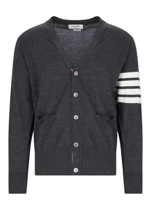Thom Browne Wool Cardigan With Stripe Detail - Grey
