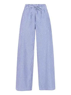 PAROSH 100% Cotton Striped Wide-leg Trousers - Blue