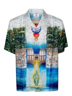 Casablanca Sporty Floral Stripe Silk Shirt With Cuban Collar - Multicolor