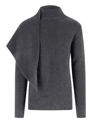 ENTIRE STUDIOS Ribbed Merino Wool Mock Neck Sweater With Asymmetrical Drape - Grey