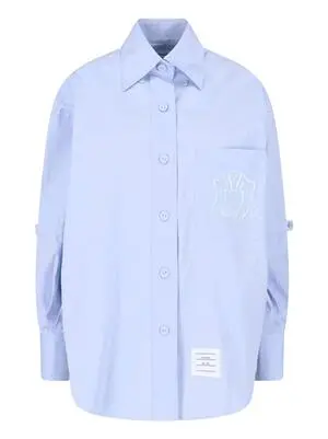 Thom Browne 100% Cotton Classic Collar Button-up Shirt With Embroidered Pocket - Blue