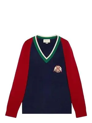 Gucci V-neck Sweater With Emblem And Contrast Sleeves - Multicolor