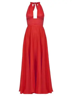 AVENUE 8 Avenue 8 Linen Draped Maxi Dress With Deep V Neckline And Open Back Red
