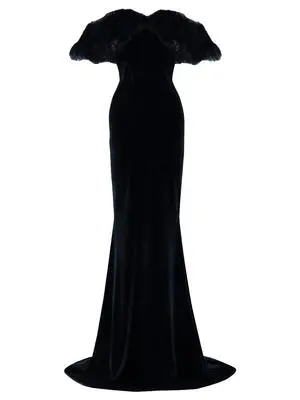 VESTIAIRE D'UN OISEAU LIBRE Off-the-shoulder Velvet Gown With Shearling Stole - Black