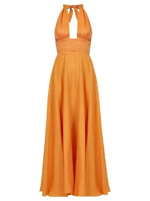 AVENUE 8 Linen Draped Maxi Dress With Plunge Neckline And Open Back - Orange