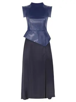 MIRIMALIST Navy Midi Dress With Vegan Leather Top And Satin Skirt - Blue