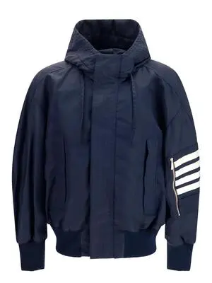 Thom Browne Technical Twill Jacket With Drawstring Hood And Signature Stripes - Black