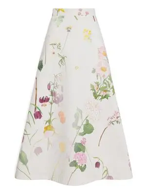 Oscar De La Renta Faded Mixed Botanical Denim Midi Skirt - White