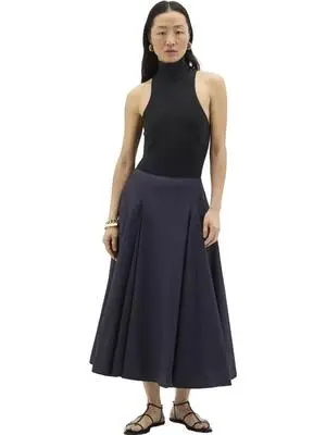 Another Tomorrow Seamed Full Skirt In Organic Cotton - Midnight