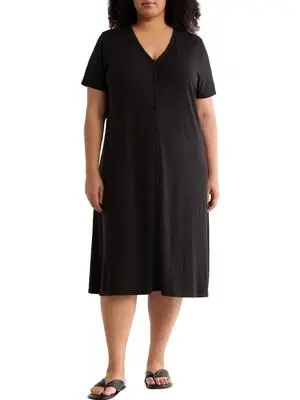Eileen Fisher Ribbed V-neck Button-front Midi Dress - Black