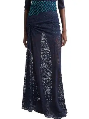 Rabanne Rabanne Embroidered Ruched Stretch Lace Maxi Skirt Deep Navy