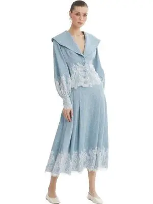 GIZIA Embroidered Balloon Sleeve Linen Jacket - Blue