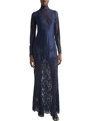 Rabanne Long Sleeve Lace And Jersey Turtleneck Maxi Dress - Deep Navy