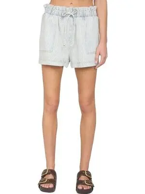 J.O.A. Striped Paperbag Waist Denim Shorts - Light Blue