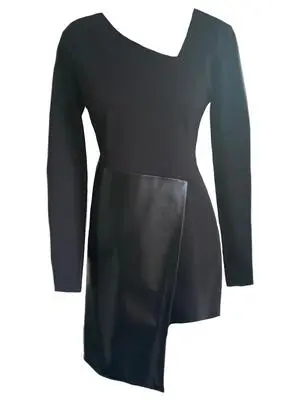 MIRIMALIST Asymmetrical Leather Detail Sweatshirt Mini Dress - Black