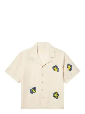 Folk Camp-collar Printed Embroidered Linen And Cotton-blend Shirt - Neutrals