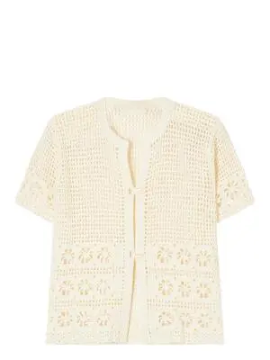 TERRY PUESTO Crocheted Organic Cotton Short Sleeve Blouse - Neutrals