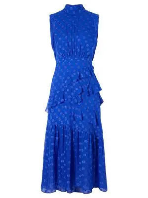 Saloni Fleur Polka Dot Ruffled Silk-blend Crepe De Chine Midi Dress - Blue