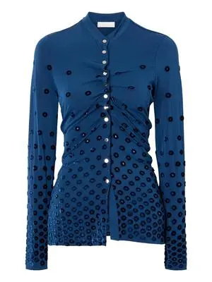 Rabanne Gathered Flocked Jersey Blouse - Blue