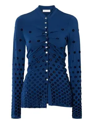 Rabanne Gathered Flocked Jersey Blouse - Navy
