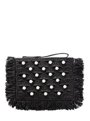 Rabanne Fringed Studded Raffia Clutch - Black