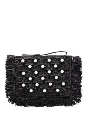 Rabanne Fringed Studded Raffia Clutch - Black