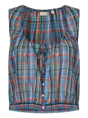 DÔEN Gathered Checked Organic Cotton-voile Top - Blue