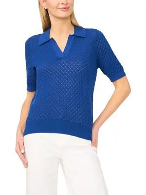 Halogen Halogen(R) Pointelle Short Sleeve Cotton Polo Sweater Ocean Waves
