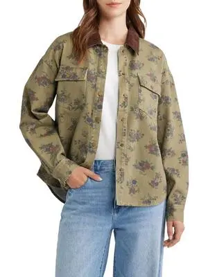 THREAD & SUPPLY Leopard Print Cotton Denim Shacket With Corduroy Collar - Forest Multi