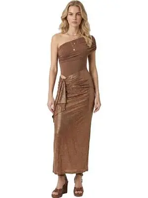 MODENAIRE One-shoulder Ruched Maxi Dress With Metallic Skirt - Bronze