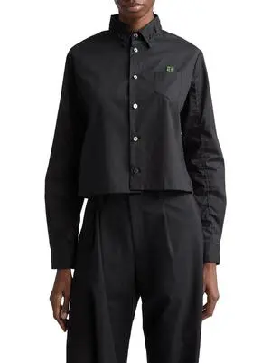 Undercover Boxy Cropped Shirt With Ruched Sleeves And Beaded Logo - Black