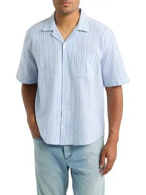 CORRIDOR Stripe Cotton & Linen Camp Shirt - Blu