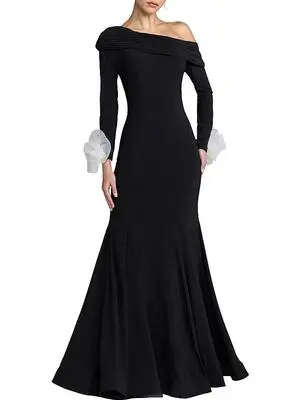 Mac Duggal One Shoulder Long Sleeve Mermaid Gown - Black Ivory