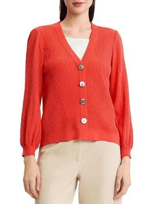 Misook Heritage Pointelle Ribbed Knit Cardigan - Cherry Ember